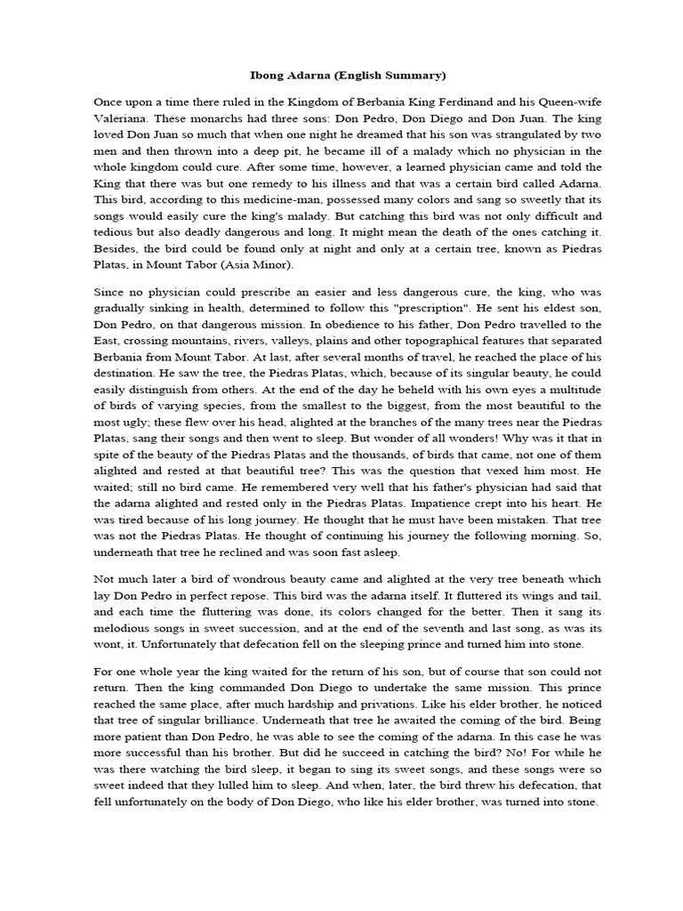 Ibong Adarna - Summary English Version | PDF