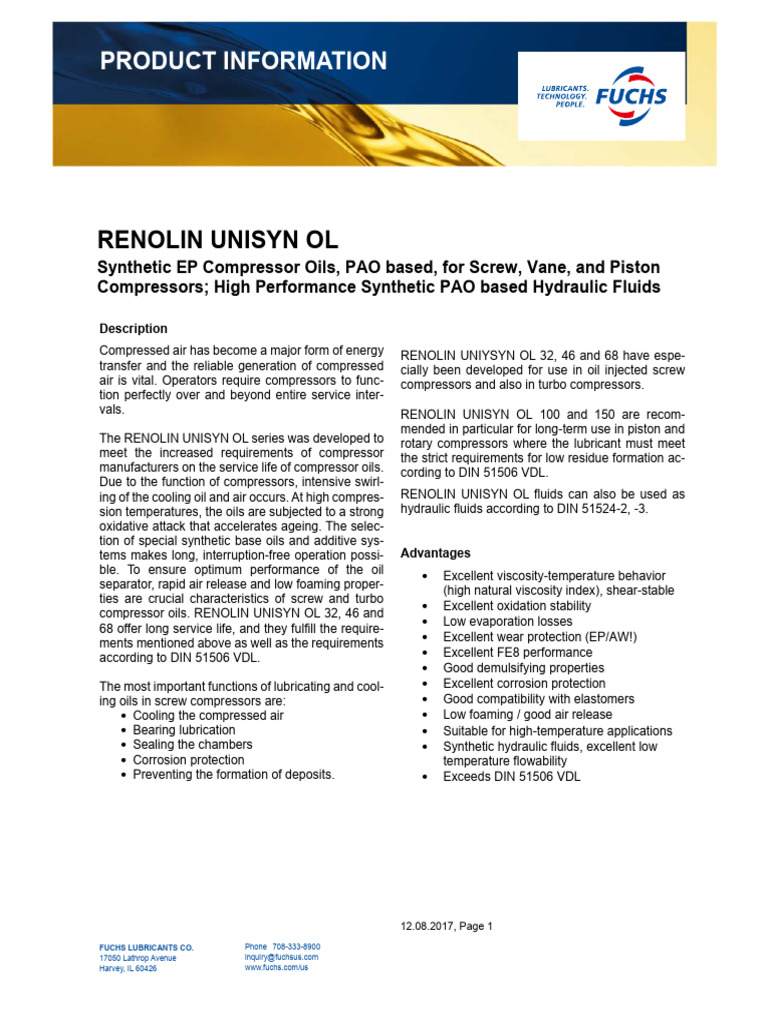 Fuchs Renolin Unisyn Ol PDS | PDF | Lubricant | Oil