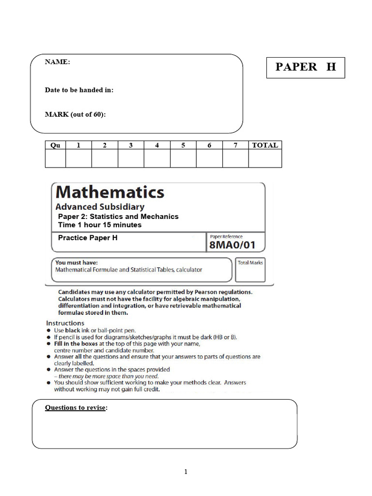 Practice Paper H: Stats & Mechanics | PDF | Acceleration | Probability ...