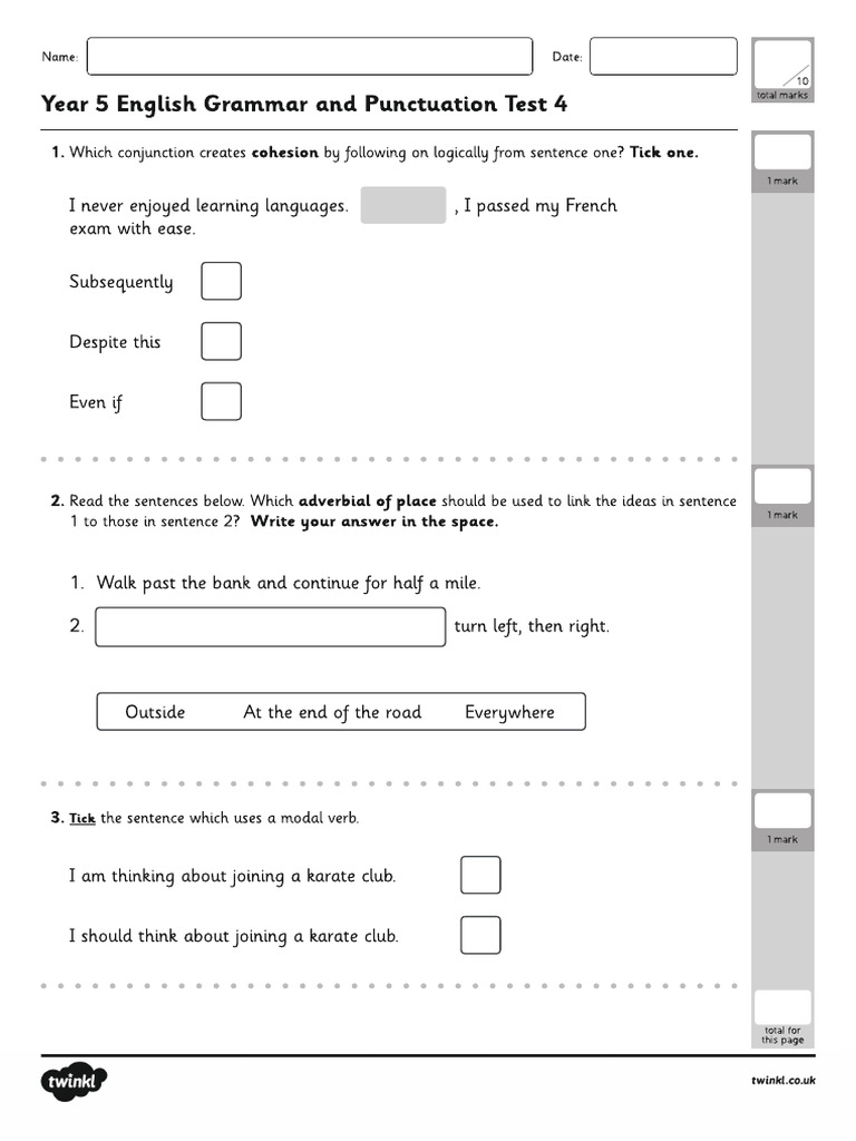 Year 5 English Grammar and Punctuation Test 4 | PDF
