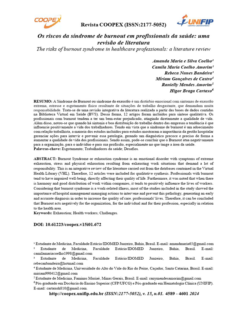 Revista COOPEX (ISSN:2177-5052) | PDF | Burnout ocupacional | Enfermagem