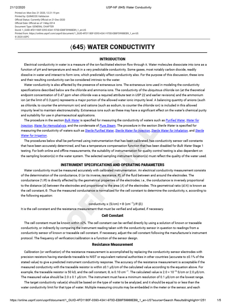 USP-NF 645 Water Conductivity | PDF | Ion | Calibration