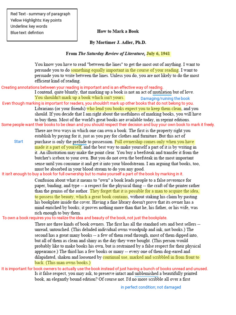 How To Mark A Book by Mortimer J. Adler, Ph.D. From The Saturday Review ...