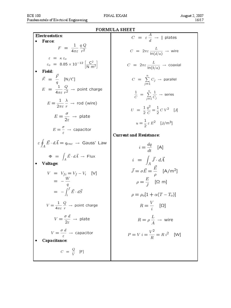 ECE 100 Exam Formula Sheet | PDF | Law | Science & Mathematics