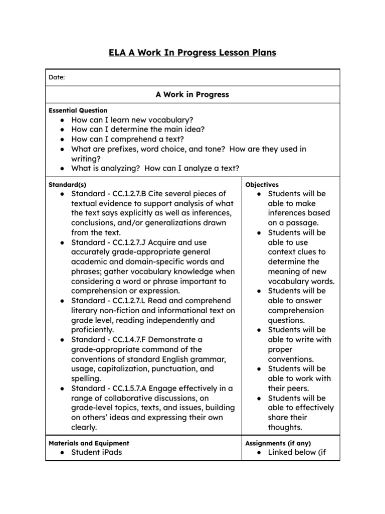 Ela A Work in Progress Lesson Plans | PDF | Reading Comprehension ...