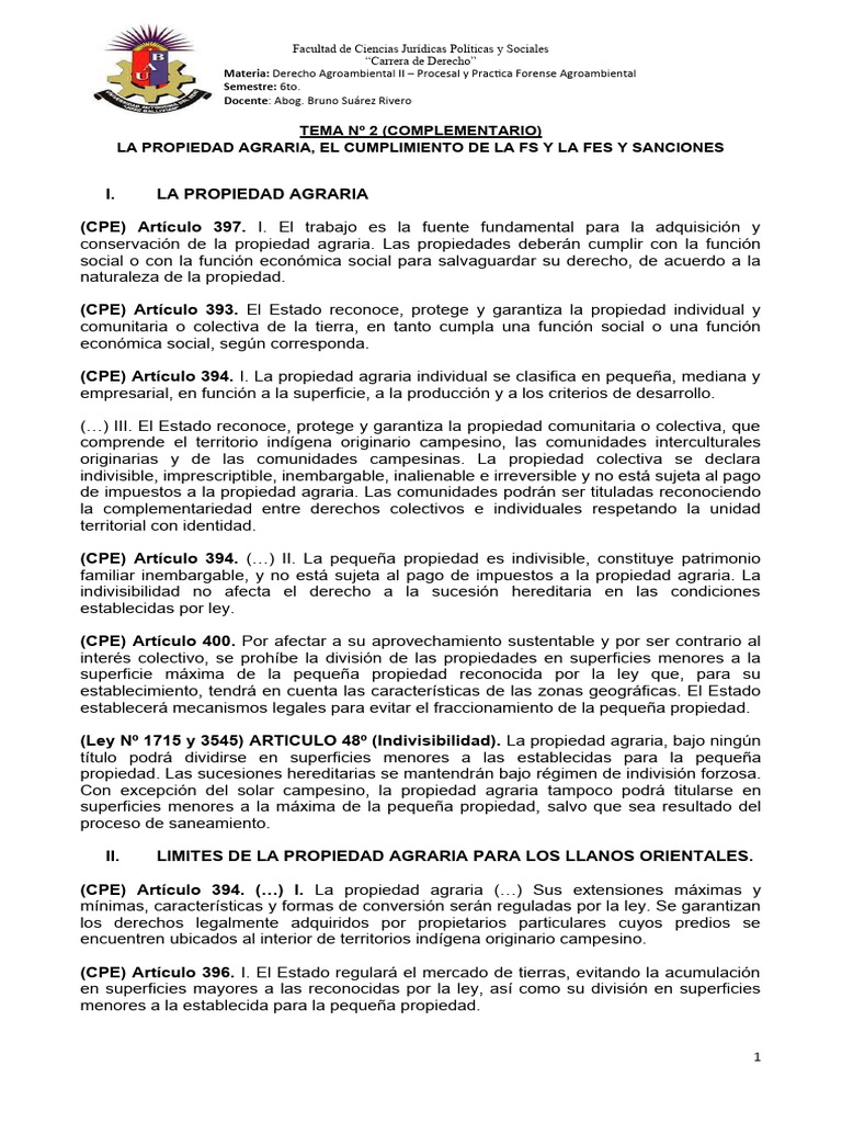 TEMA #2 Complementario - Cumplimiento FES | PDF | Propiedad | Reforma agraria