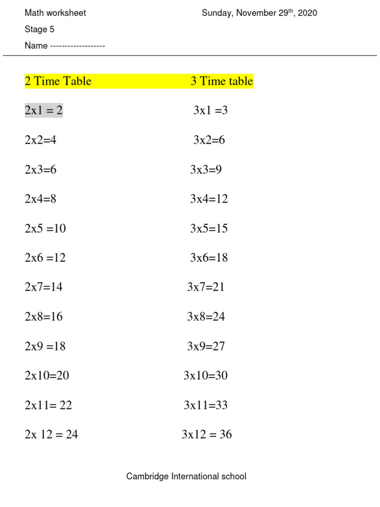 Time Table 2and3 Worksheet Pdf