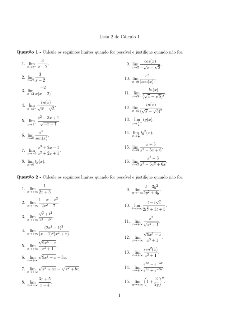 Lista de exercícios 2 de cálculo I | PDF