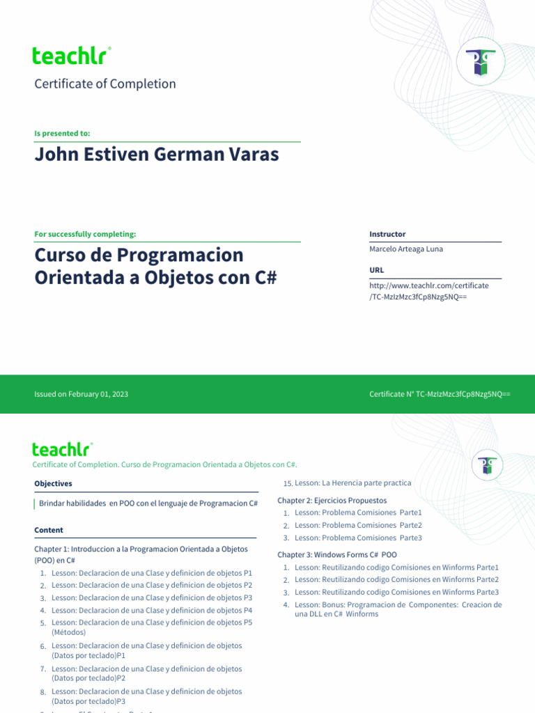 TEACHLR - CERTIF Curso de Programacion Orientada A Objetos Con C | PDF | Ingeniería de software ...