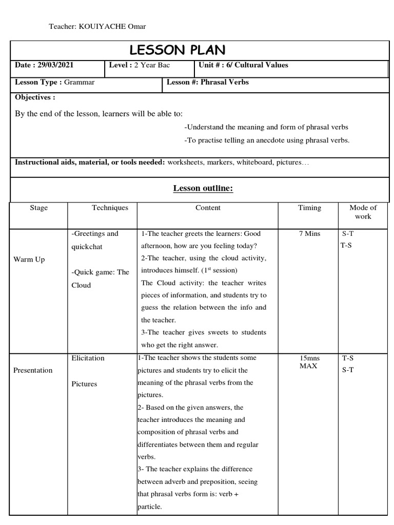 Phrasal Verbs-2bac-Lesson Plan | PDF | Semantic Units | Human Communication