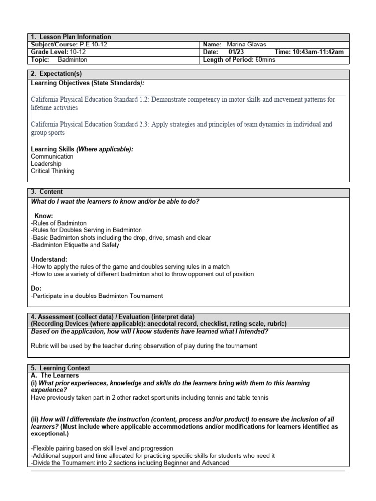 01:23 Badminton Lesson Plan | PDF | Learning | Lesson Plan