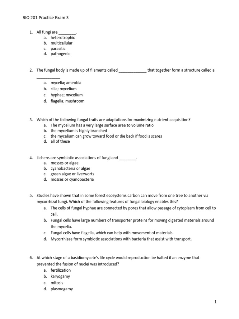 BIO 201 Exam 3 Version Practice Exam Questons | PDF | Fungus | Action ... BIO 201 Exam 3 Version Practice Exam Questons | PDF | Fungus | Action ...