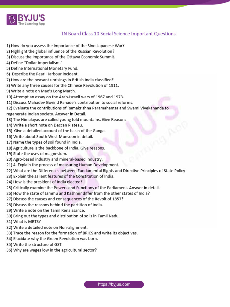 TN Board Class 10 Social Science Important Questions | PDF