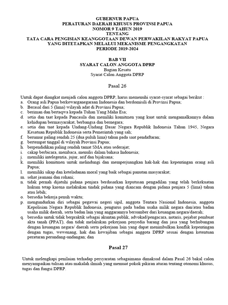 Syarat DPRK Dan DPRP Otsus 2024 | PDF