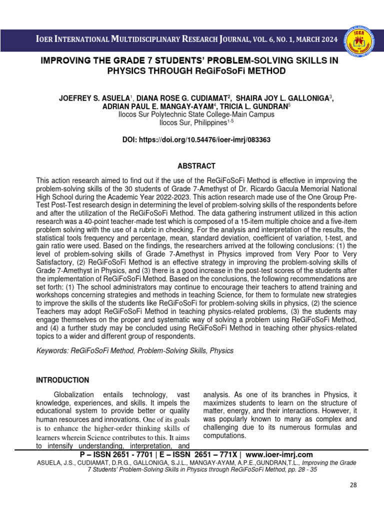 Improving The Grade 7 Students' Problem-Solving Skills in Physics ...