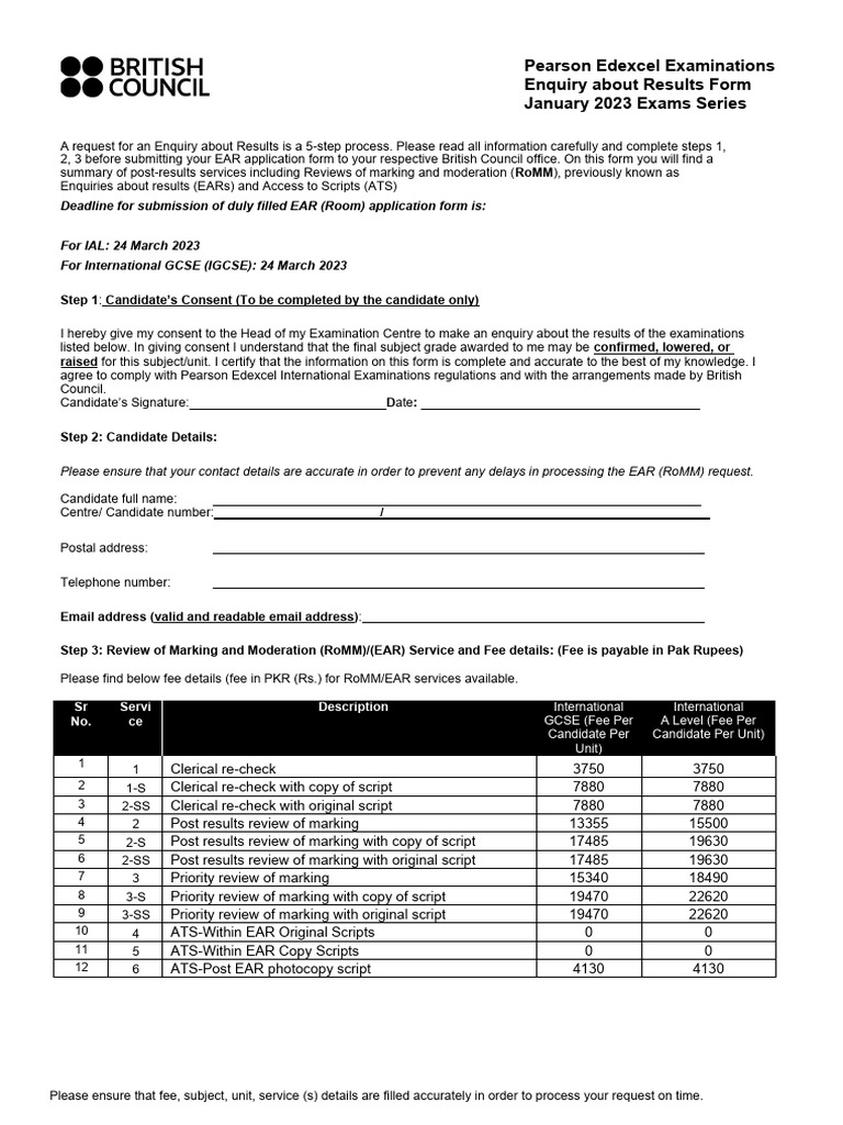 Pearson Edexcel Ear Form Jan 23 | PDF | Mail