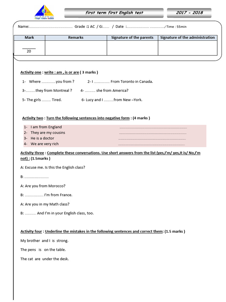 Test 1 Model 10 English 1ac First Term | PDF | Teaching Methods ...