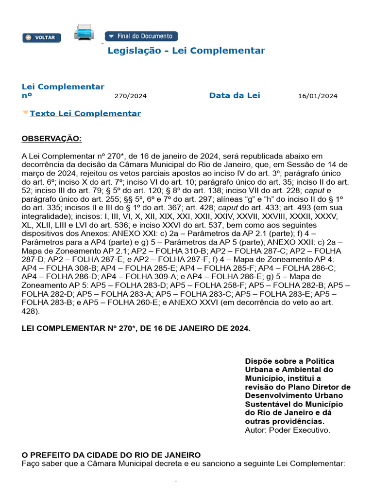 Lei Complementar 270/2024: Política Urbana RJ | PDF | Orçamento | Cidade