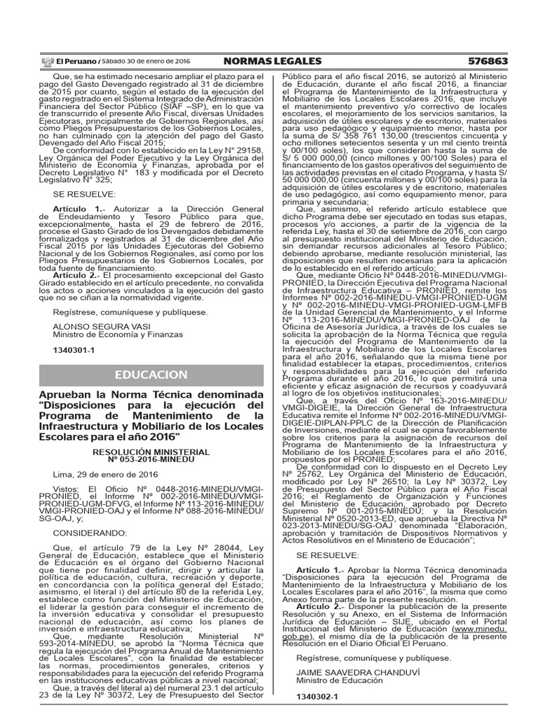 R. M.n° 053-2016-Minedu - Programa Mantenimiento de Infraestructura y Mobiliario de Locales ...