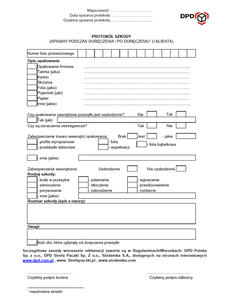 Protokol Szkody DPD | PDF