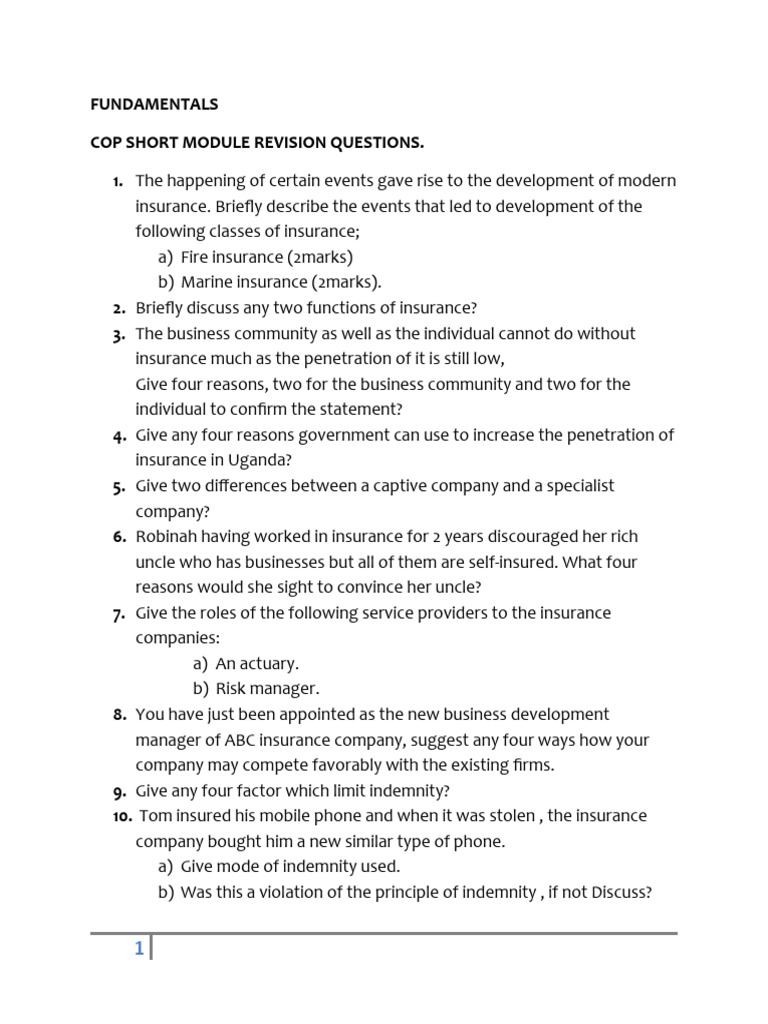 COP SHORT MODULE REVISION QUESTIONS - Copy (2) | PDF | Insurance ...
