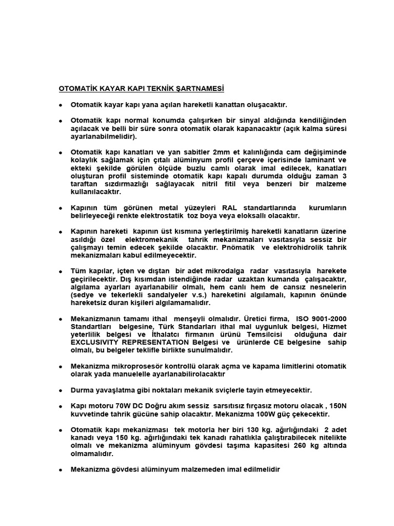 Otomati̇k Kayar Kapi Tekni̇k Şartnamesi̇ | PDF