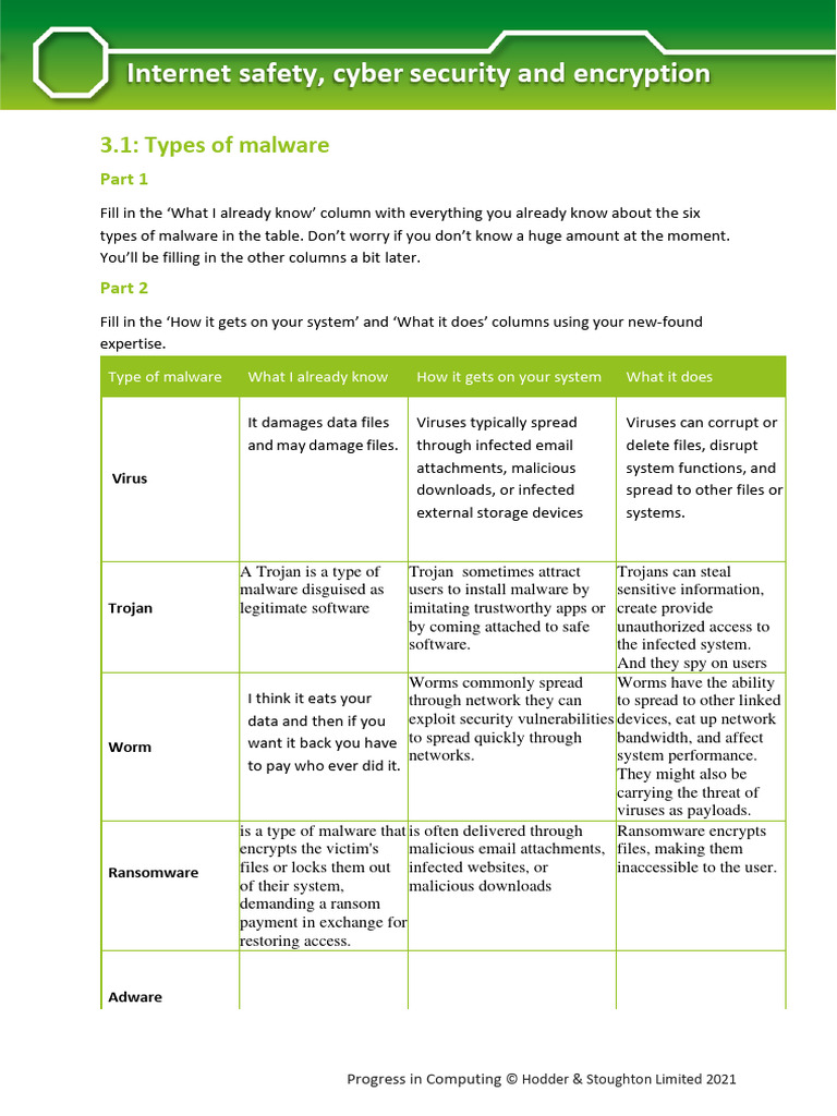 Worksheet 3.1 - Internet Safety, Cyber Securit | PDF | Malware | Ransomware