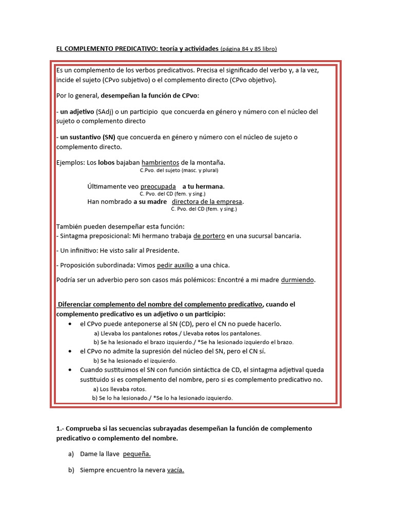 Complemento Predicativo | PDF | Gramática | Sintaxis