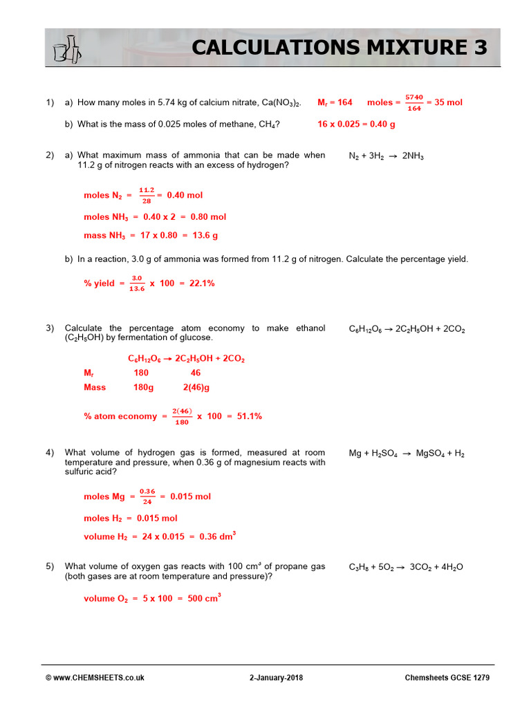 Chemsheets GCSE 1279 Calculations Mixture 3 ANS | PDF | Ammonia | Mole ...