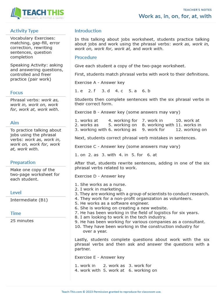 English Class - Practice - Work-As-In-On-For-At-With | Download Free ...