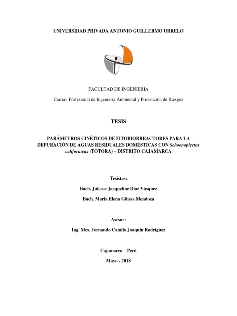 Tesis-Fitorremediación de Aguas Residuales | PDF | Reactor Quimico | Agua