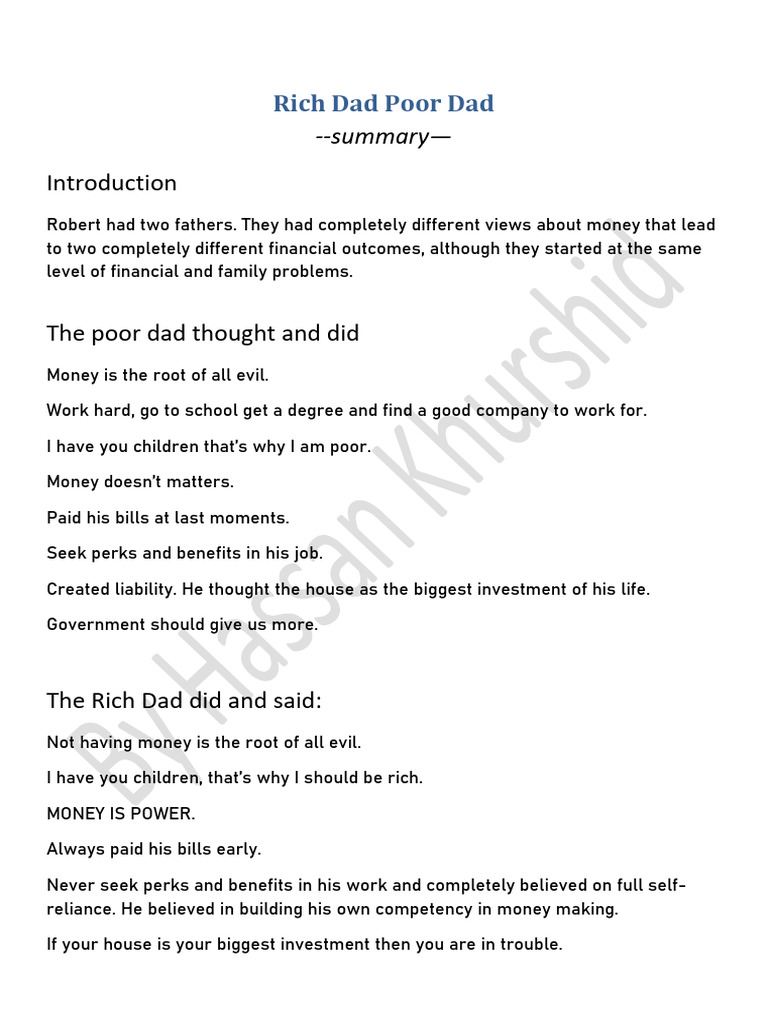 Rich Dad Poor Dad: Key Lessons Summary | PDF | Credit | Finance & Money ...