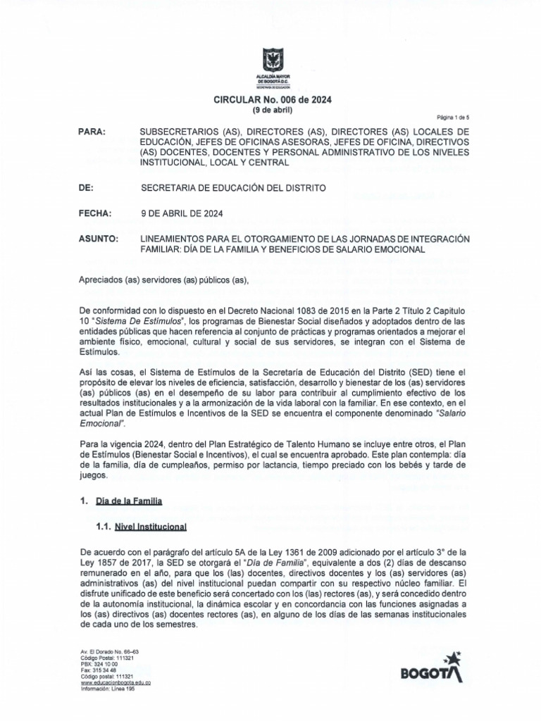 Circular - 006 - Lineamientos para El Otorgamiento de Las Jornadas de Integracion Familiar | PDF