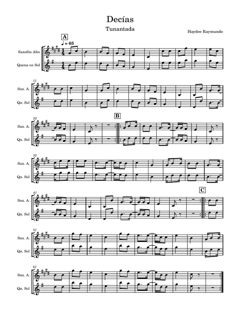 Decías (Tunantada) - Partitura para Saxo y Quena | PDF