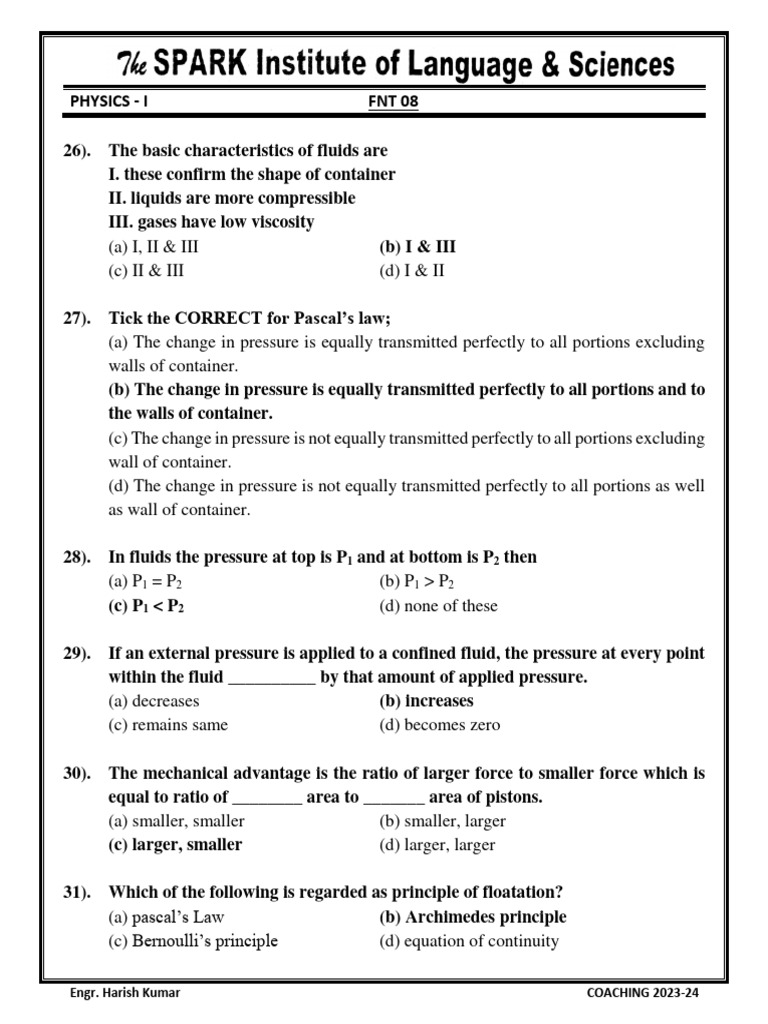 Fnt 08 Phy Xi Harish Key | PDF | Pressure | Fluid