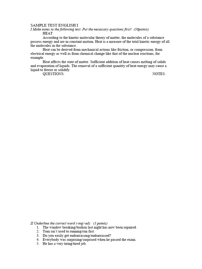 Sample Test English | PDF | Chemistry | Molecules