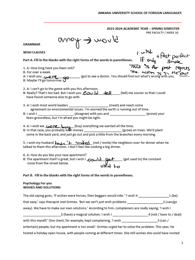 Handout (Grammar Wish Clauses) | PDF | Linguistics