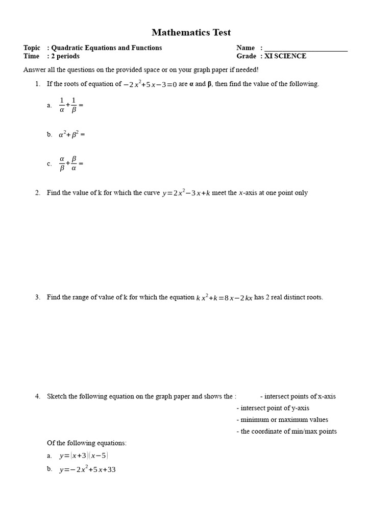Mathematics Test Quadratic Grade XI IPA | PDF