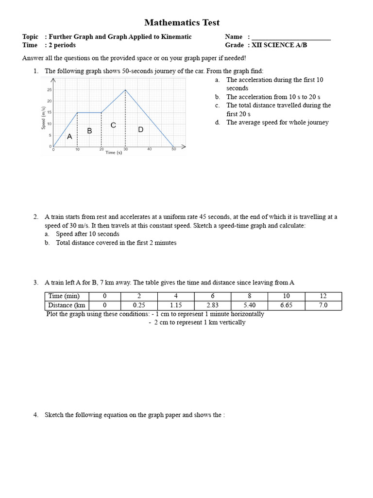 Mathematics Test Kinematic Graph Grade XII IPA | PDF | Teaching Methods ...