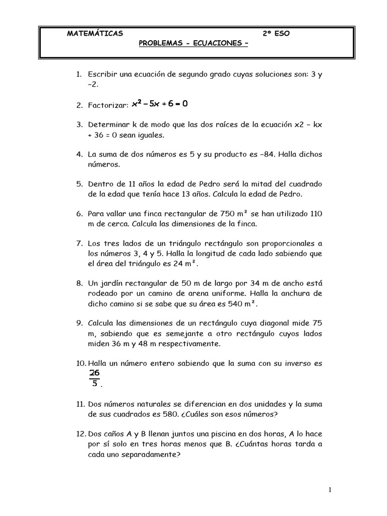 Problemas de ECUACIONES 2 ESO | PDF