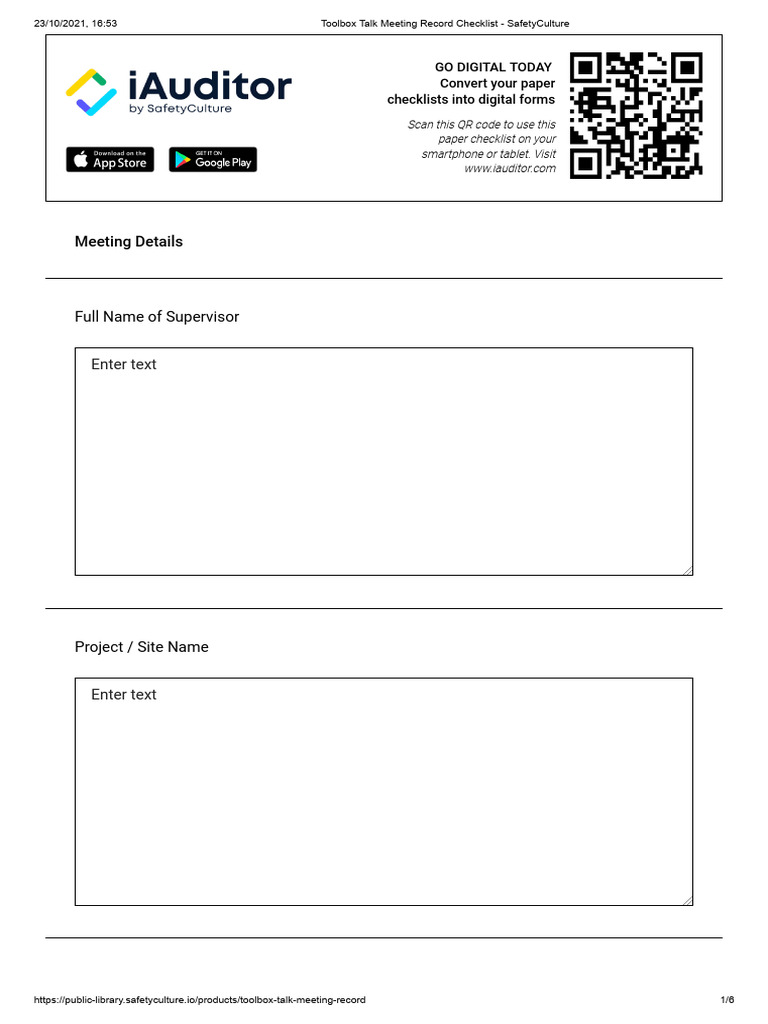Toolbox Talk Meeting Record Checklist - SafetyCulture | Download Free ...