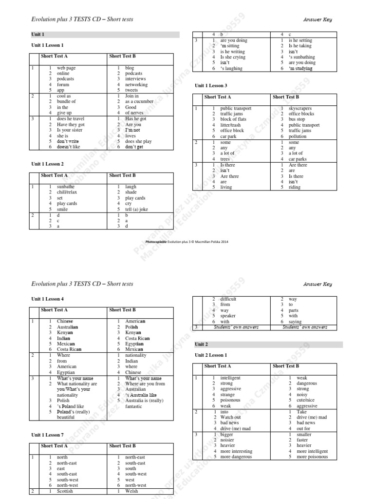 Short Tests Answer Key | PDF