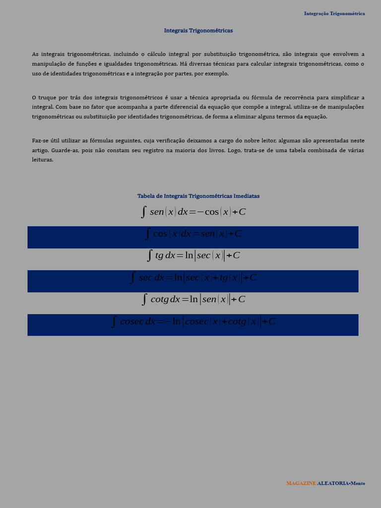 Integrais Trigonométricas | PDF | Integrante | Trigonometria