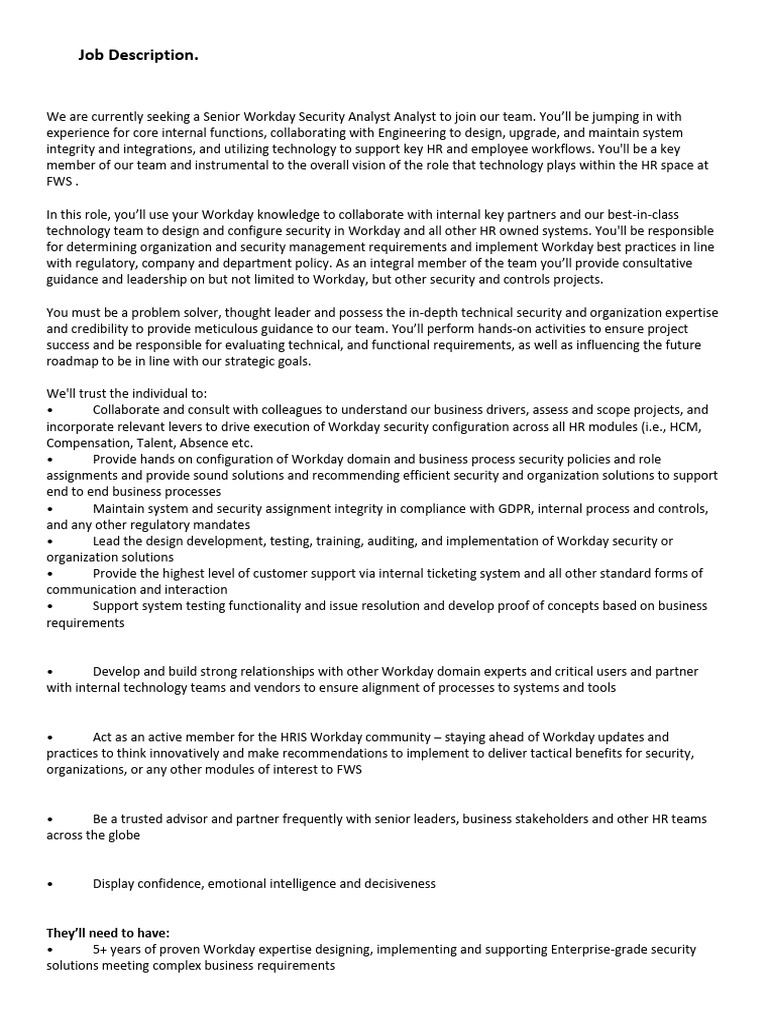Senior Workday Security Analyst Role | PDF | Human Resource Management ...