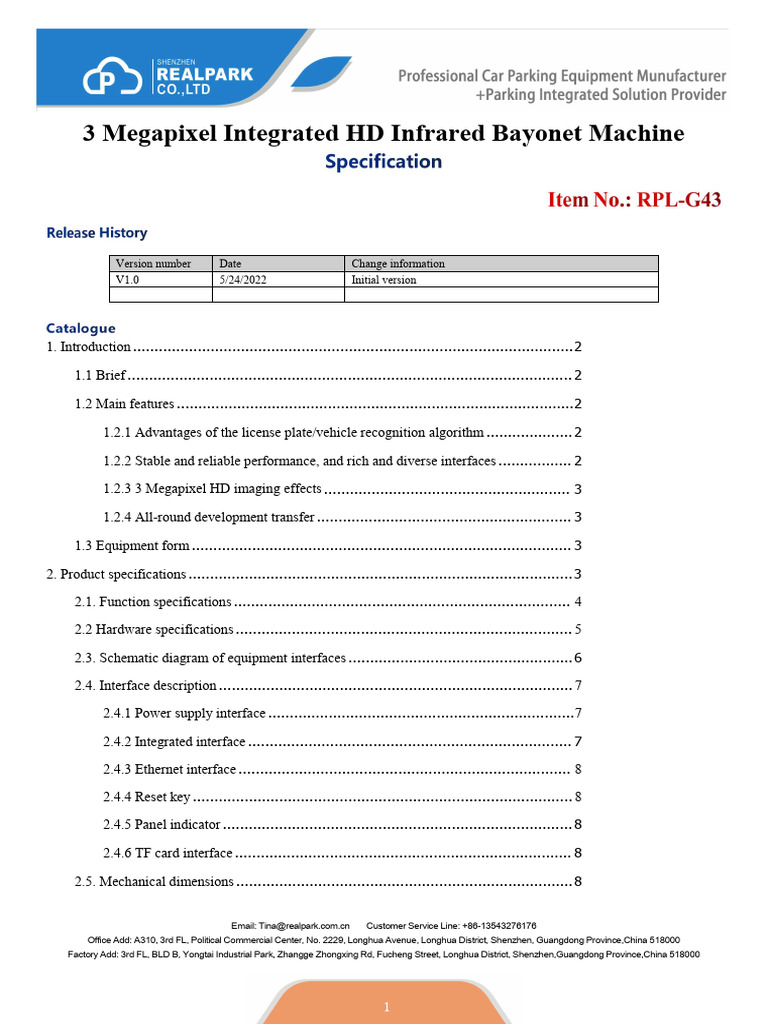 7277023-Realpark Traffic High Speed LPR Camera RPL-G43 Specification ...