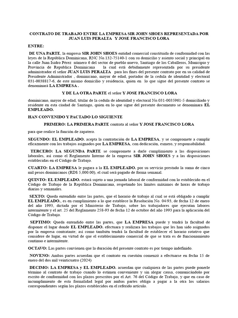 Contrato de Trabajo Entre.y Jose Francisco Lora | PDF | República ...