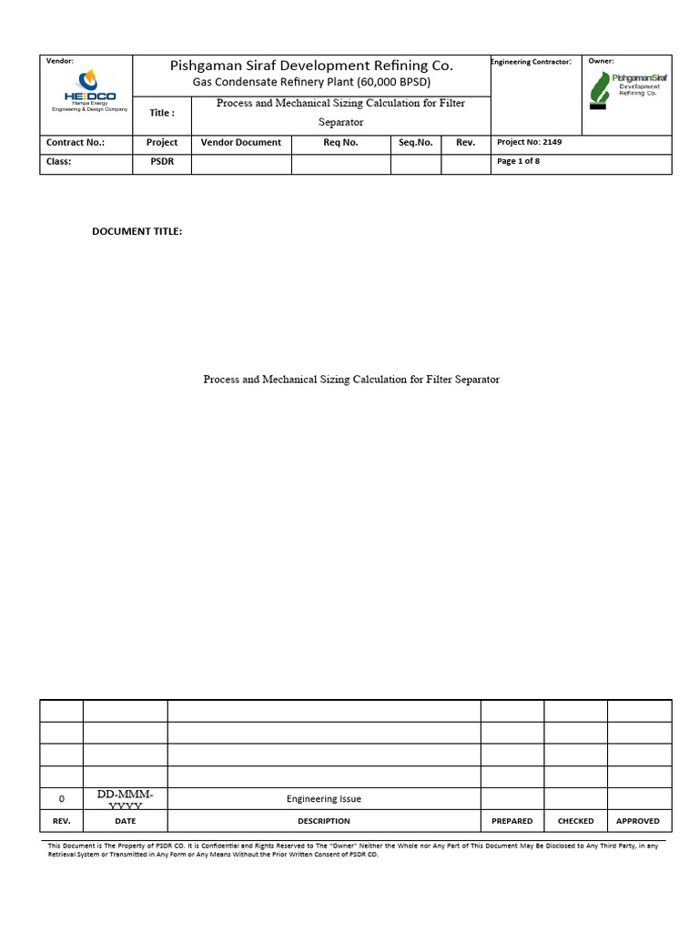 Process and Mechanical Sizing Calculation For Filter Separator | PDF | Filtration | Gases