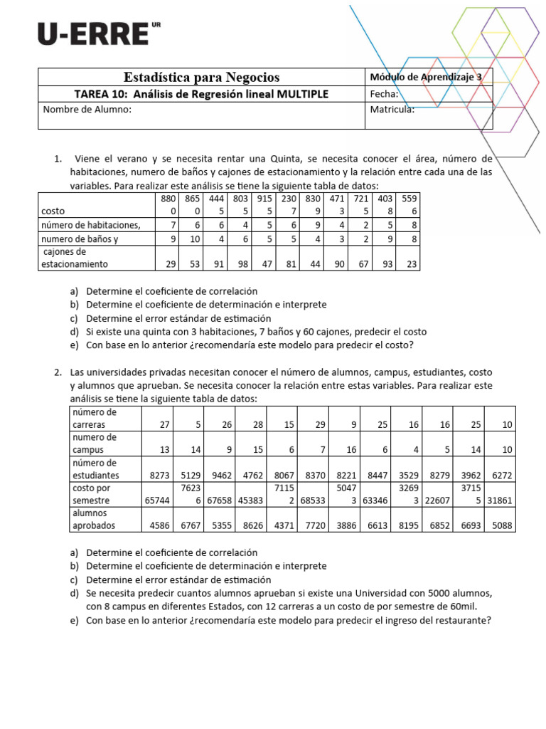 Tarea 10.1 Arlm | PDF | Coeficiente de determinación | Análisis de regresión