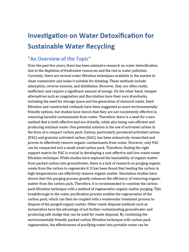 Investigation On Water Detoxification For Sustainable Water Recycling ...