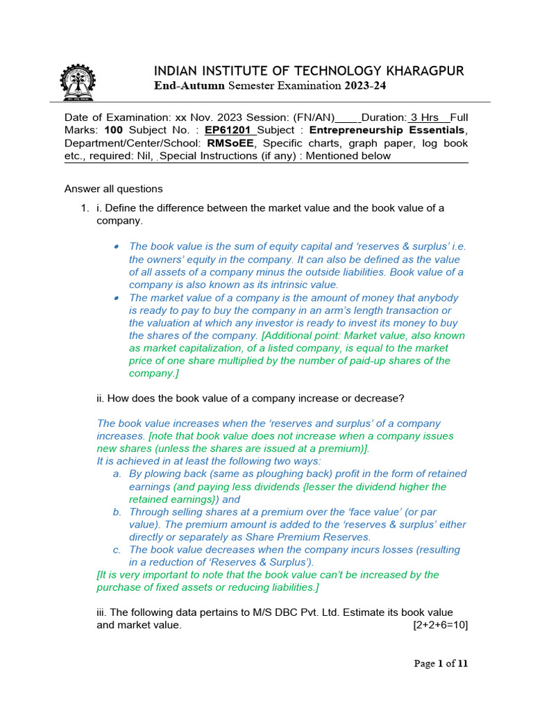 QP End-Sem Autumn | PDF | Book Value | Venture Capital